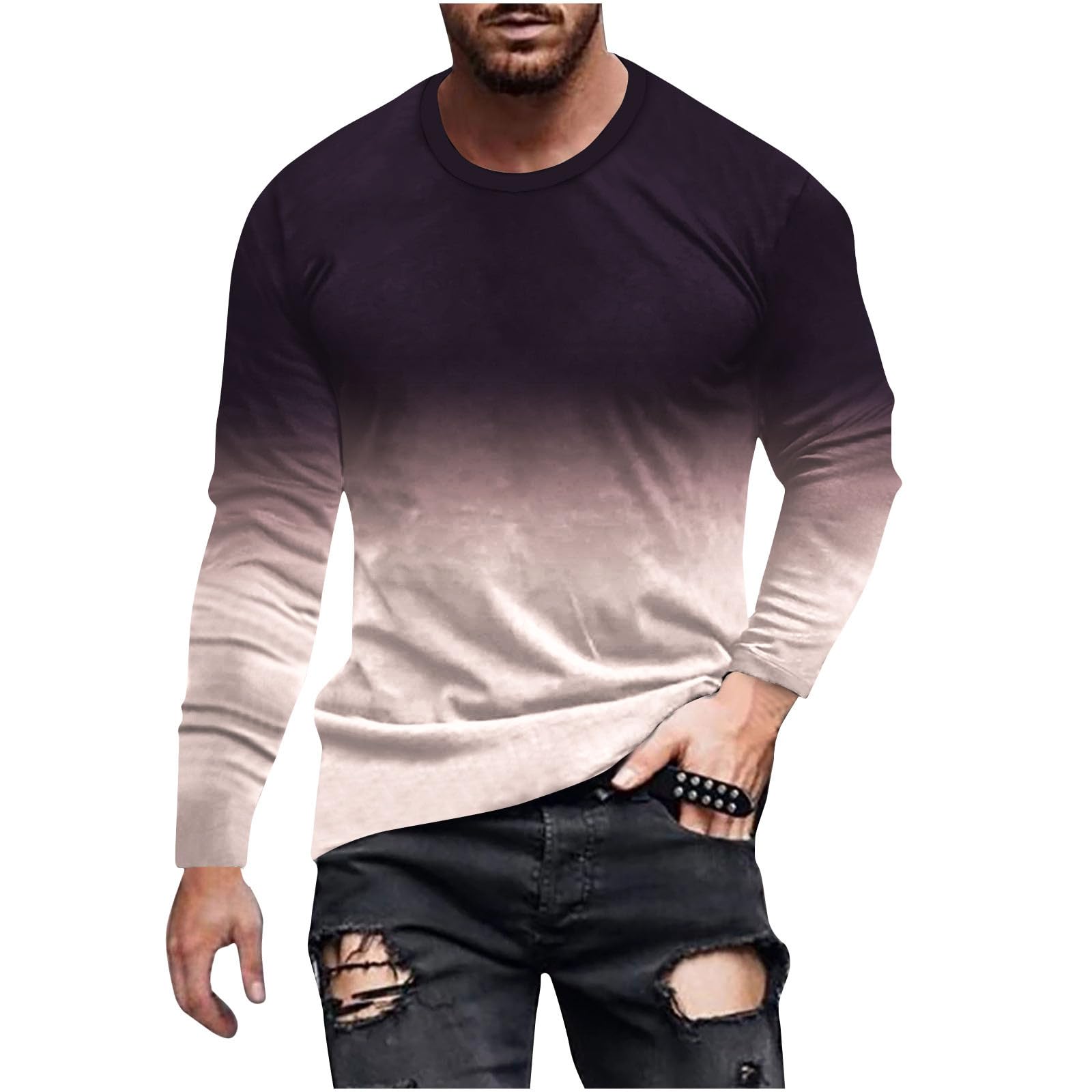 Long Sleeve tee Shirts for Men 2023 Mens Long Sleeve Shirts Casual Gradient Color Loose Pullover Graphic Tee Shirts Fall Fashion Athletic Sweatshirts Mens Shirts Casual Stylish Big and Tall Khaki 2X