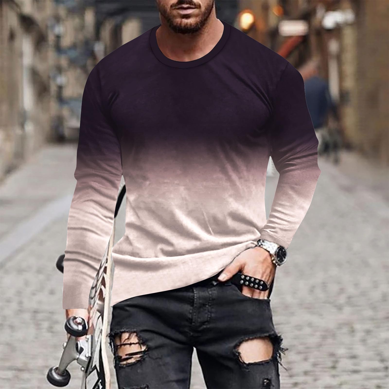 Long Sleeve tee Shirts for Men 2023 Mens Long Sleeve Shirts Casual Gradient Color Loose Pullover Graphic Tee Shirts Fall Fashion Athletic Sweatshirts Mens Shirts Casual Stylish Big and Tall Khaki 2X