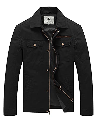 WenVen Men's Fashion Casual Cotton Canvas Military Jacket (Black, L)