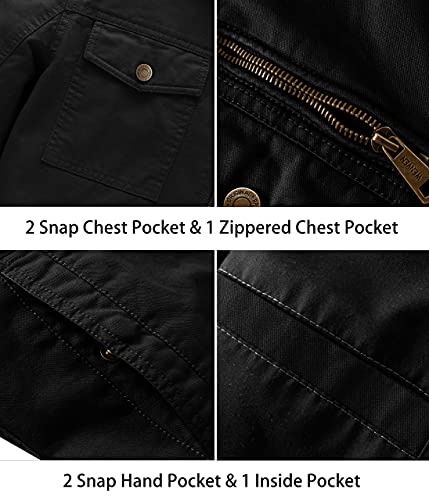 WenVen Men's Fashion Casual Cotton Canvas Military Jacket (Black, L)