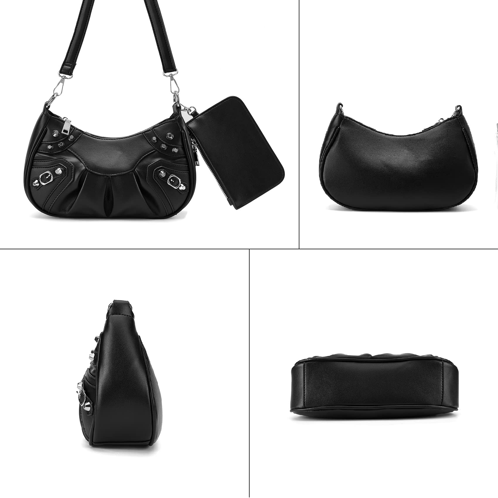 Women's Small Shoulder Handbag with Silver Chain and Removable Coin Pouch and Crossbody Strap (Black 2)