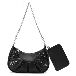 Women's Small Shoulder Handbag with Silver Chain and Removable Coin Pouch and Crossbody Strap (Black 2)