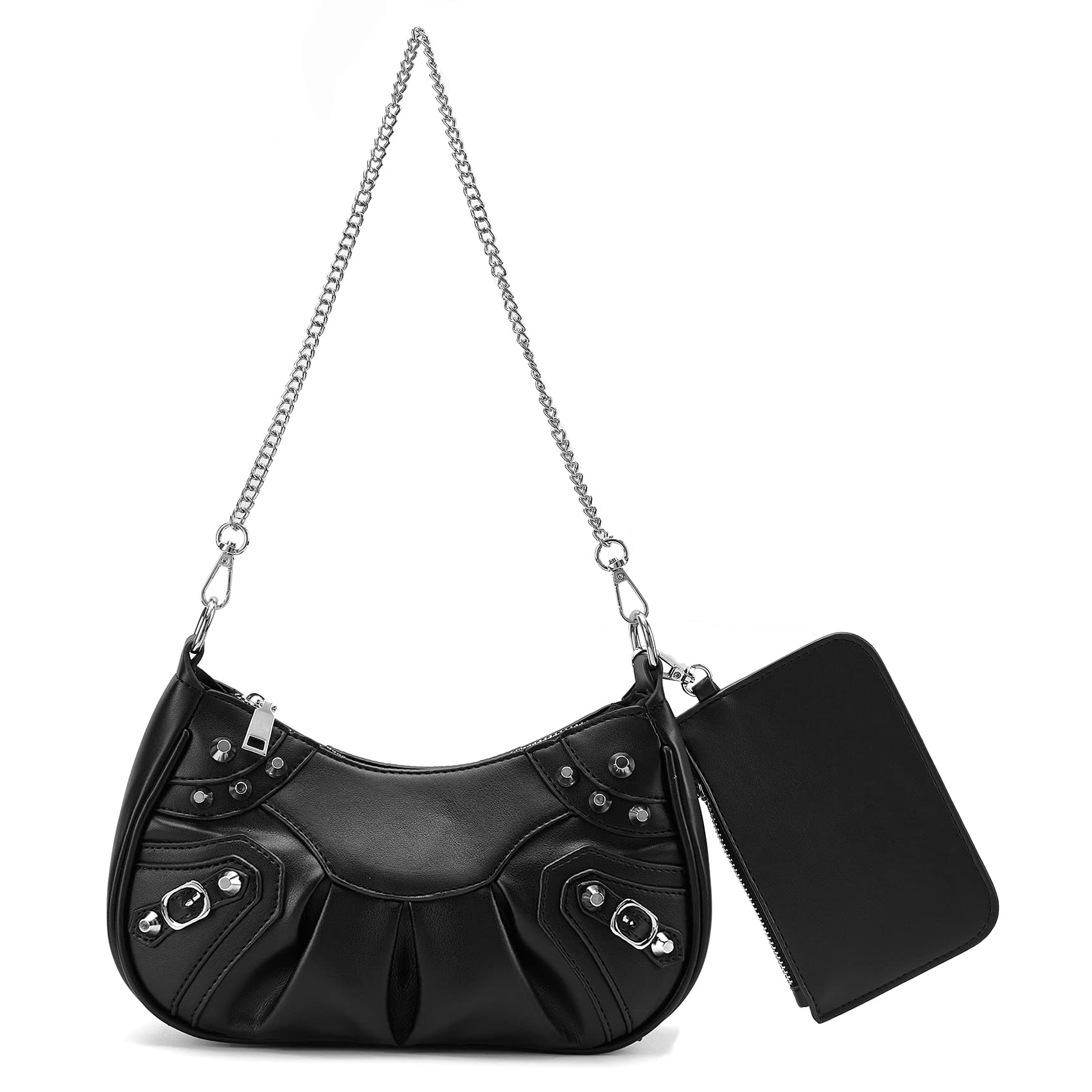 Women's Small Shoulder Handbag with Silver Chain and Removable Coin Pouch and Crossbody Strap (Black 2)