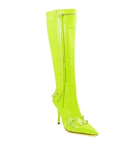 women pointy toe knee high heel boot with tassel zipper bexie-3 lime 11