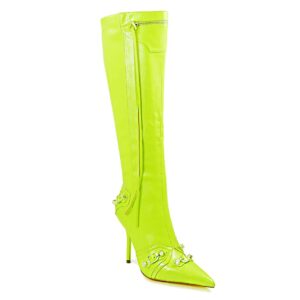 Women Pointy Toe Knee High Heel Boot with Tassel Zipper Bexie-3 Lime 11