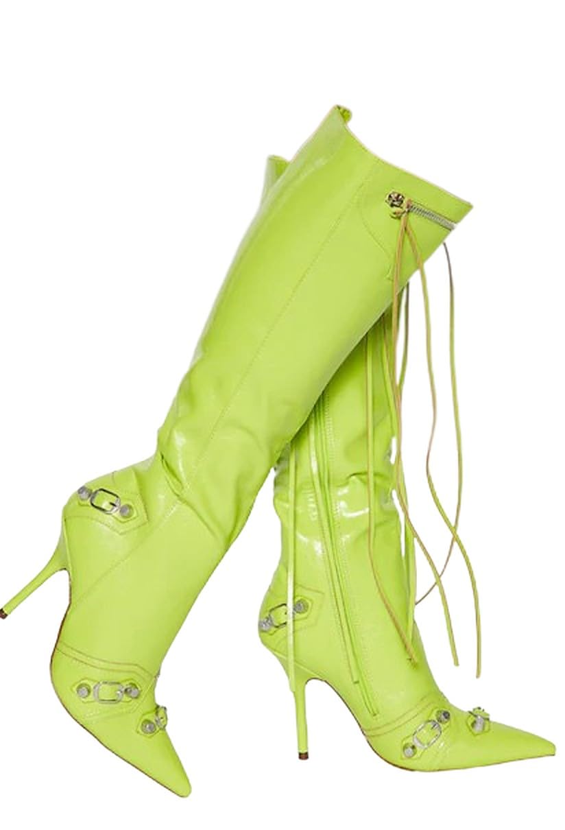 Women Pointy Toe Knee High Heel Boot with Tassel Zipper Bexie-3 Lime 11