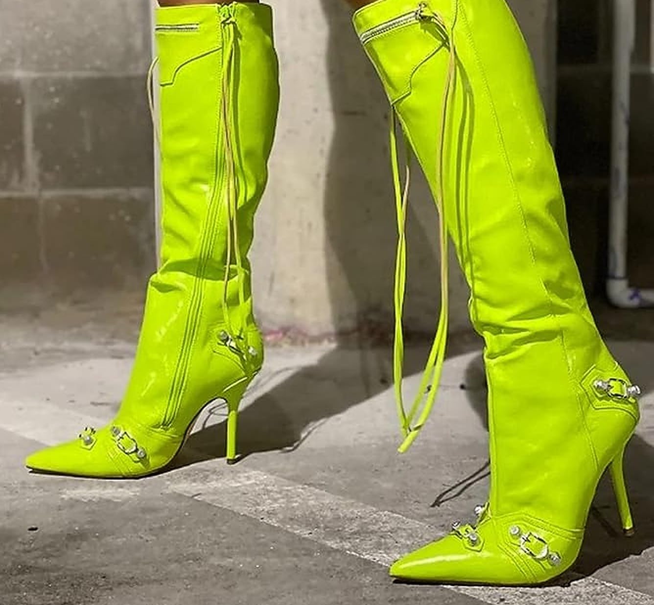 Women Pointy Toe Knee High Heel Boot with Tassel Zipper Bexie-3 Lime 11