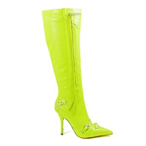 Women Pointy Toe Knee High Heel Boot with Tassel Zipper Bexie-3 Lime 11