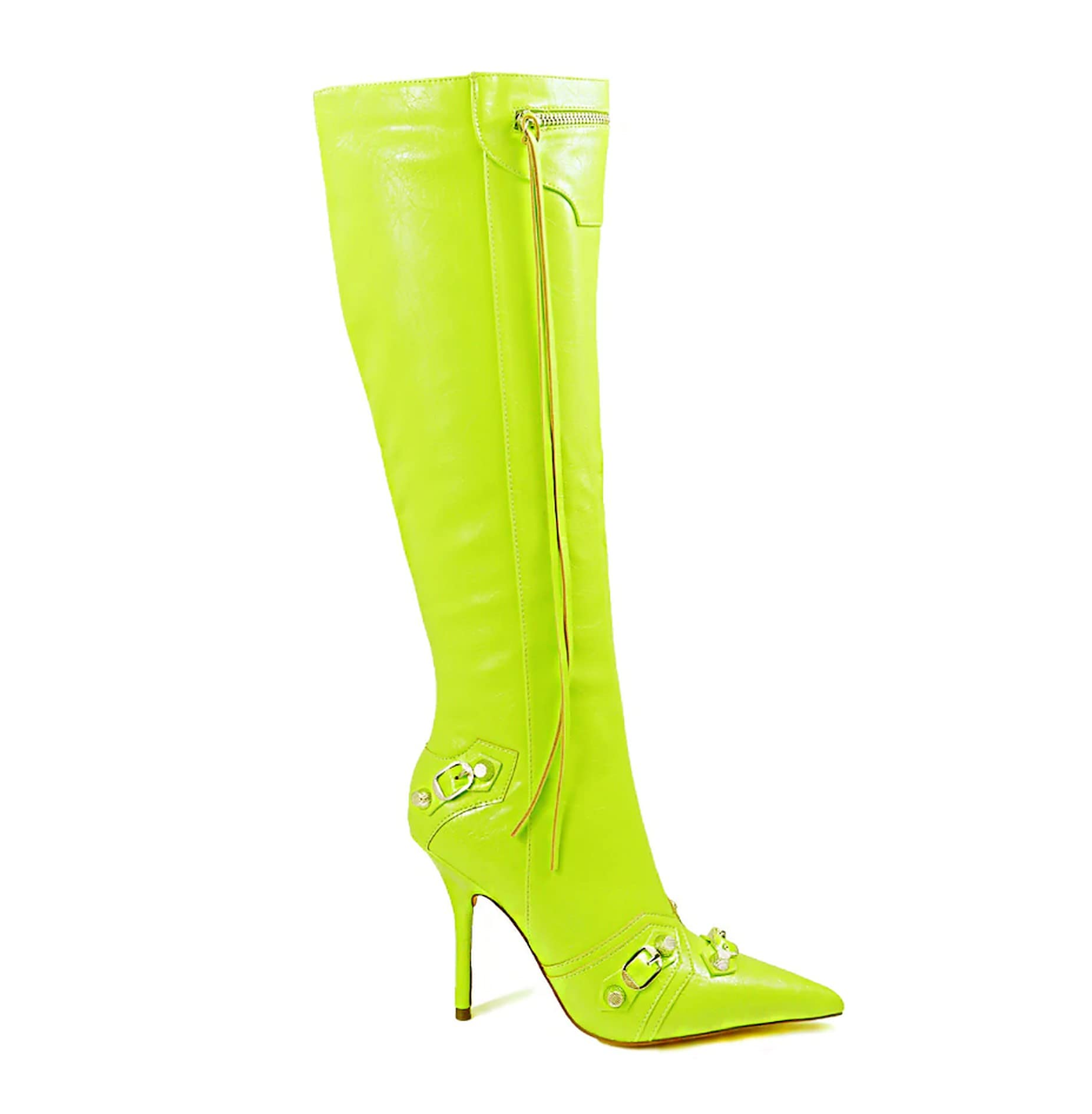 Women Pointy Toe Knee High Heel Boot with Tassel Zipper Bexie-3 Lime 11