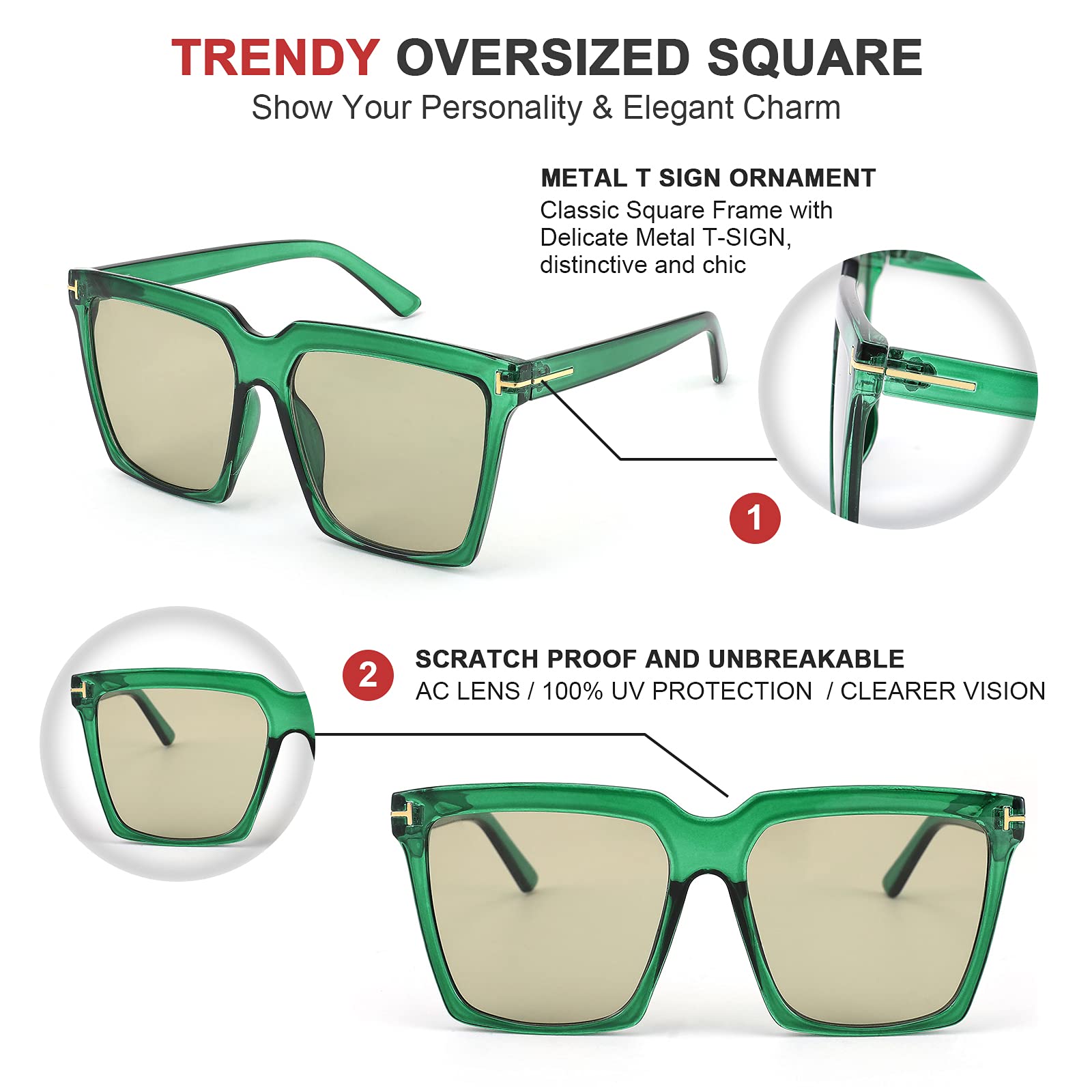 FEISEDY Oversized Square Sunglasses for Women Men Fashion Big Frame Shades B4044