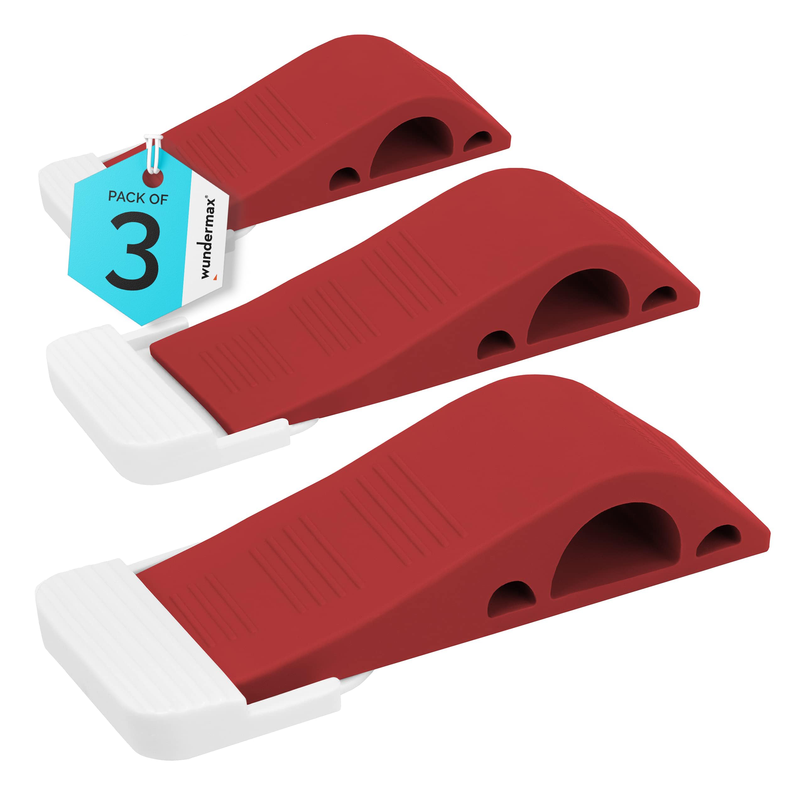 Wundermax Door Stoppers - Pack of 3 Rubber Door Wedge for Carpet, Hardwood, Concrete and Tile - Home Improvement Accessories - Red