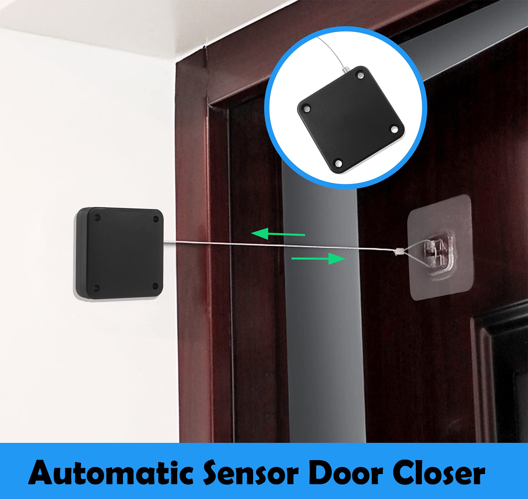 Rierdge 800g Set of 2 Punch-Free Automatic Sensor Door Closer, Multifunctional Drawstring Auto Door Closer for Residential Commercial Bedroom Room Storm (2 Pcs Black)