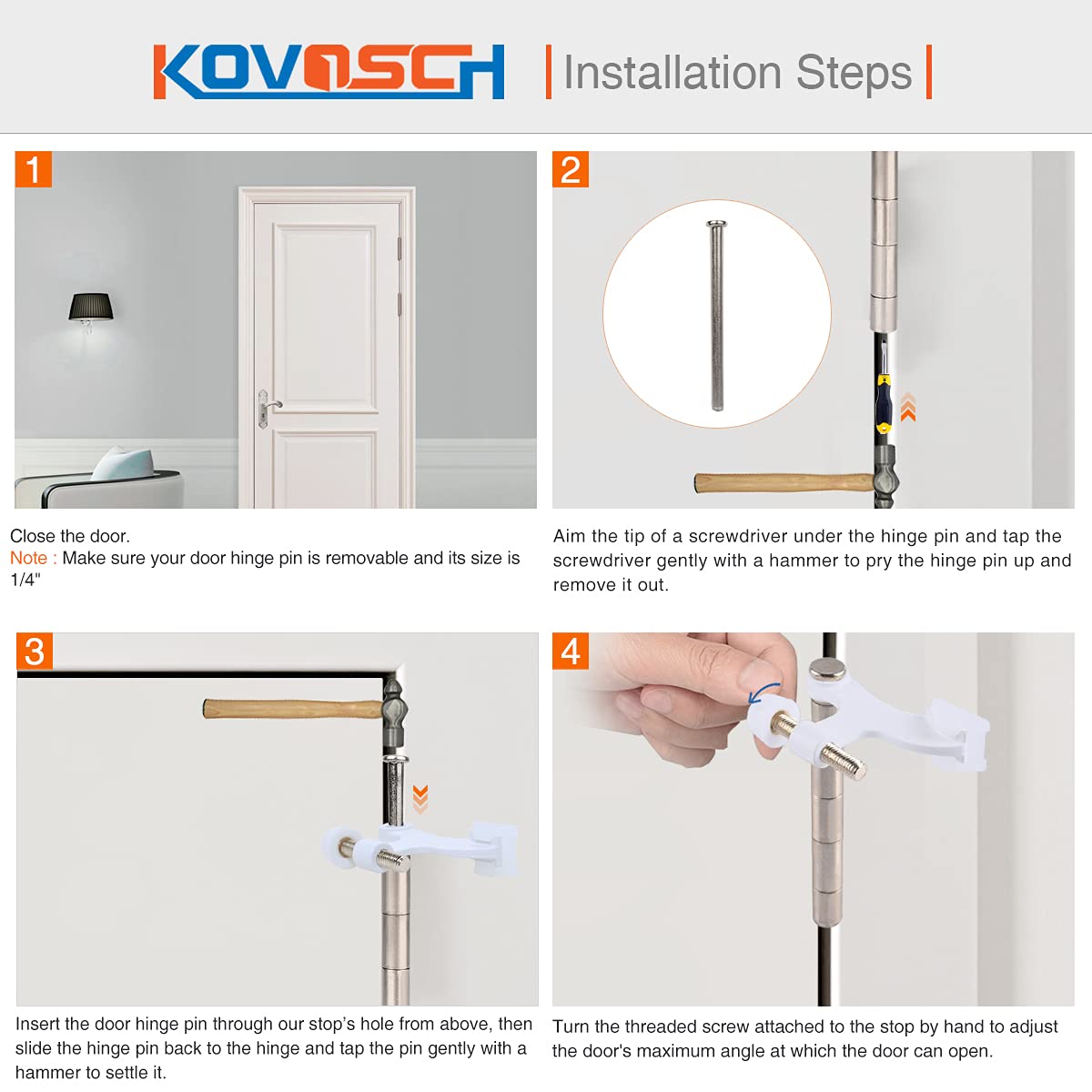 KOVOSCH 6 Pack Hinge Pin Door Stopper White - Adjustable Heavy Duty Hinge Pin Door Stops with White Rubber Bumper Tips