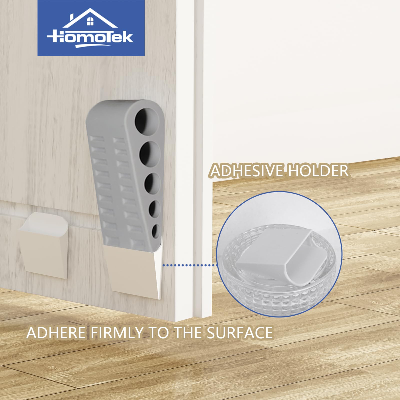 HOMOTEK 10 Pack Wedge Rubber Door Stops Door Chucks Stoppers Wall Protector for Floor & Bottom of Door with Self Adhesive White Holder, 5"x1-9/16"x1-5/16" (Gray)