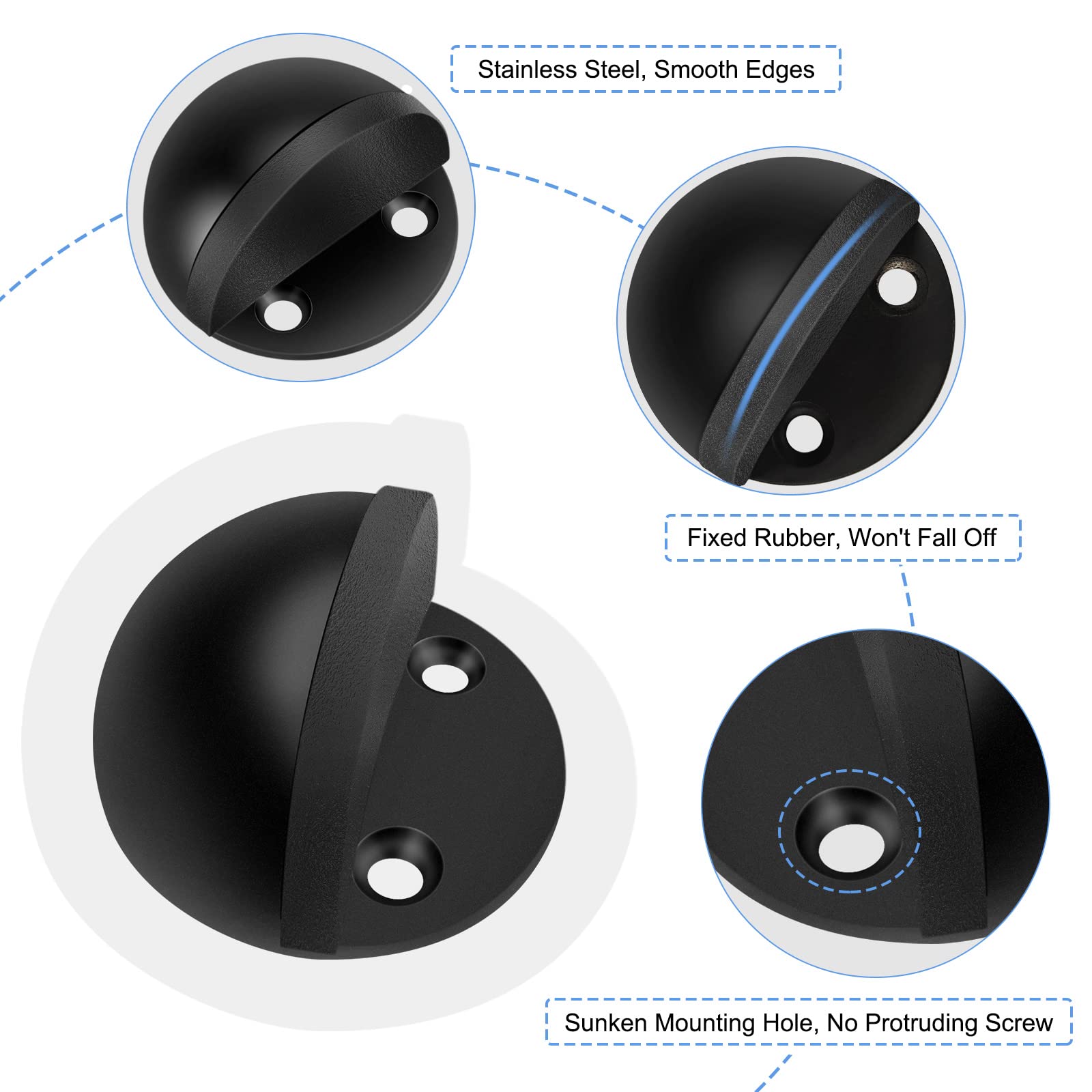 Door Stops, Floor Door Stopper 4 Pack No Drill Doorstops Black Rubber Bumper Door Stoppers for Bottom of Door