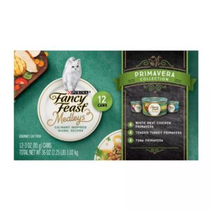 fancy feast elegant medleys primavera collection cat food variety pack 12-3 oz. cans [contains: 4 each: tender turkey primavera, tuna primavera, and white meat chicken primavera]