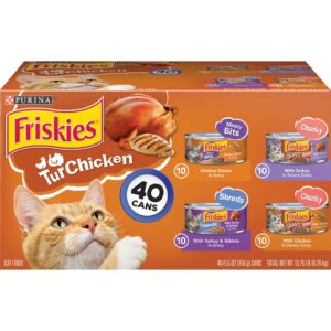 purina friskies gravy wet cat food variety pack, turchicken extra gravy chunky, meaty bits & shreds - (pack of 40) 5.5 oz. cans