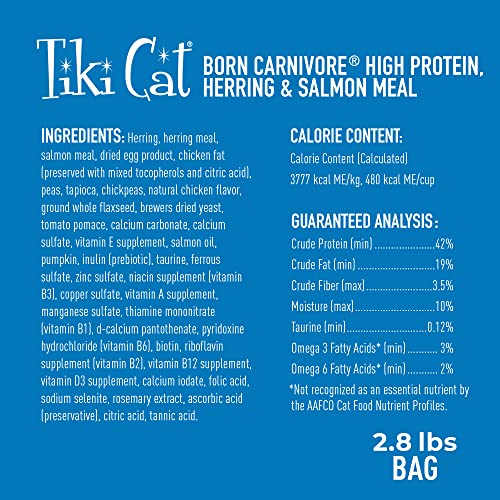 Tiki Cat Born Carnivore High Protein, Herring & Salmon Meal, Grain-Free Baked Kibble to Maximize Nutrients, Dry Cat Food, 2.8 lbs. Bag