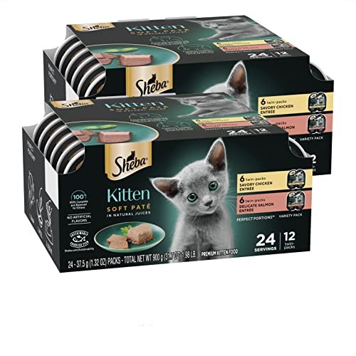 SHEBA Perfect Portions Kitten Paté Wet Cat Food Trays (24 Count, 48 Servings), Savory Chicken and Delicate Salmon Entrée, Easy Peel Twin-Pack Trays