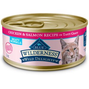 blue buffalo wilderness wild delights meaty morsels natural wet cat food, chicken & salmon in tasty gravy, 3-oz. cans, 24-pack