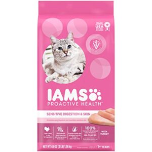 iams proactive health adult sensitive digestion & skin dry cat food with turkey, 3 lb. bag