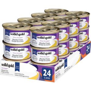 solid gold wet cat food shreds in gravy - canned cat food made w/real tuna - five oceans grain free - 24ct/3oz can