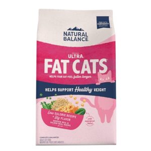 natural balance fat cats low-calorie dry cat food for overweight adult cats, chicken meal, salmon meal, garbanzo beans, peas & oat groats recipe, 15 pound (pack of 1)