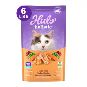 halo holistic indoor cat food dry, grain free cage-free chicken recipe for healthy weight support, complete digestive health, dry cat food bag, adult formula, 6-lb bag