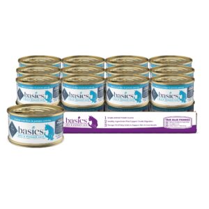 blue buffalo basics skin & stomach care, grain free natural adult pate wet cat food, indoor fish 3-oz cans (pack of 24)