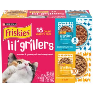 purina friskies gravy wet cat food lickable cat treats variety pack, lil' grillers seared cuts with chicken & tuna - (pack of 18) 1.55 oz. pouches