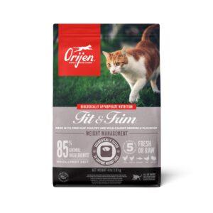 orijen fit and trim dry cat food, grain free cat food for adult cats, with wholeprey ingredients, 4lb