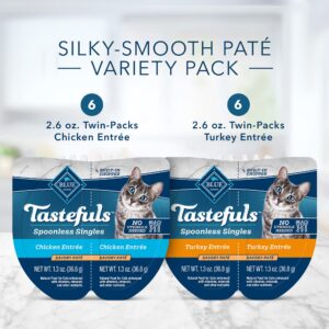 Blue Buffalo Tastefuls Spoonless Singles Adult Pate Wet Cat Food Variety Pack, Chicken and Turkey Entrées, 2.6-oz Twin-Pack Trays (12 Count - 6 of Each Flavor)