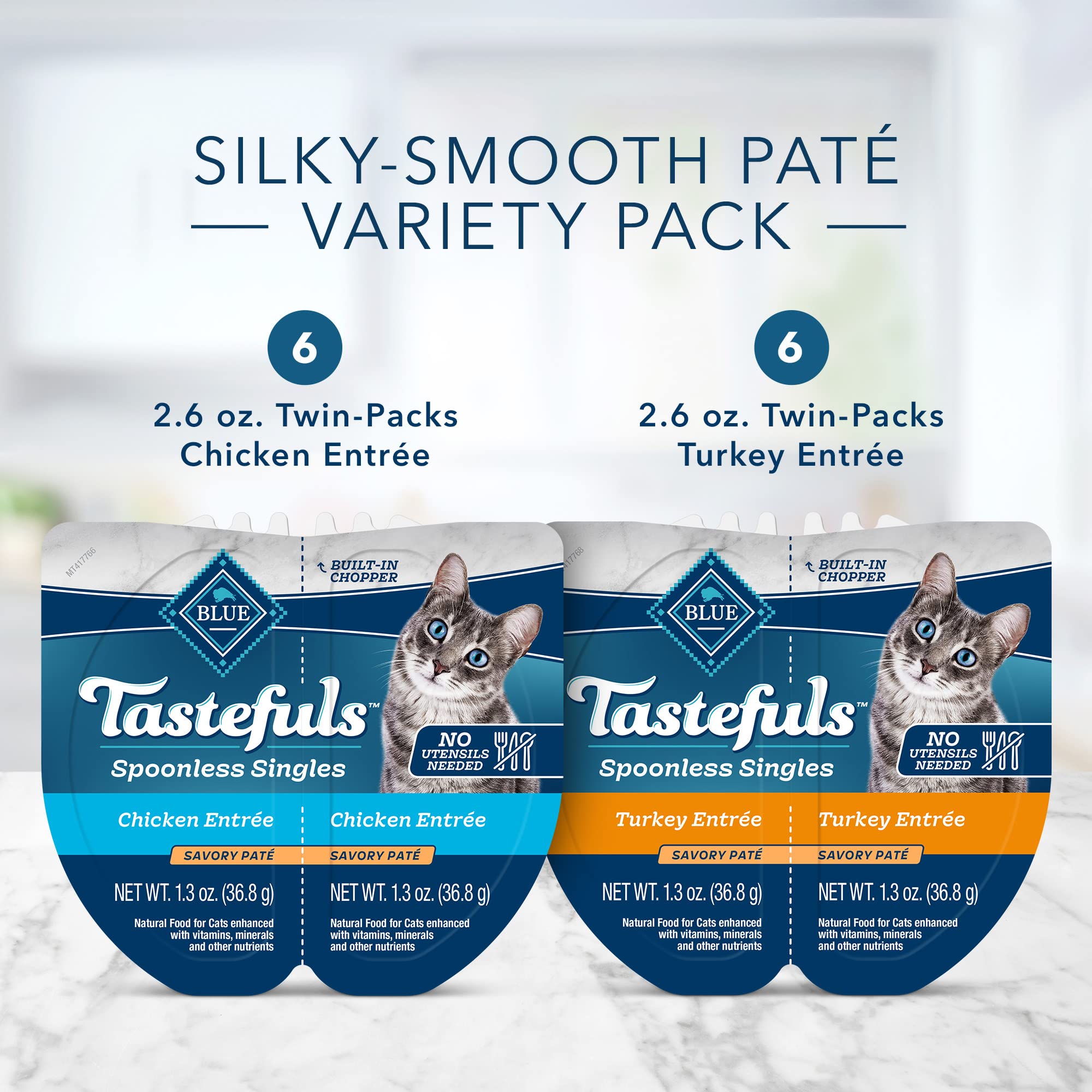 Blue Buffalo Tastefuls Spoonless Singles Adult Pate Wet Cat Food Variety Pack, Chicken and Turkey Entrées, 2.6-oz Twin-Pack Trays (12 Count - 6 of Each Flavor)