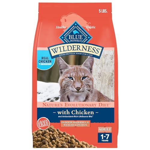 Blue Buffalo Wilderness High-Protein, Grain-Free Natural Dry Food for Adult Cats, Weight and Hairball Control, Chicken, 5-lb. Bag