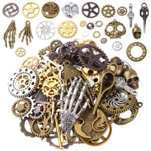 100g(approx 76pcs) assorted colors antique metal steampunk clock gear cog wheel skull key skull hand safety pin charms pendant jewelry charms for craft jewelry making accessory