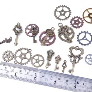 BronaGrand 125 Gram Antique Bronze Vintage Skeleton Keys Steampunk Gears Cogs Charms Pendant Clock Watch Wheel for Crafting, DIY Jewelry