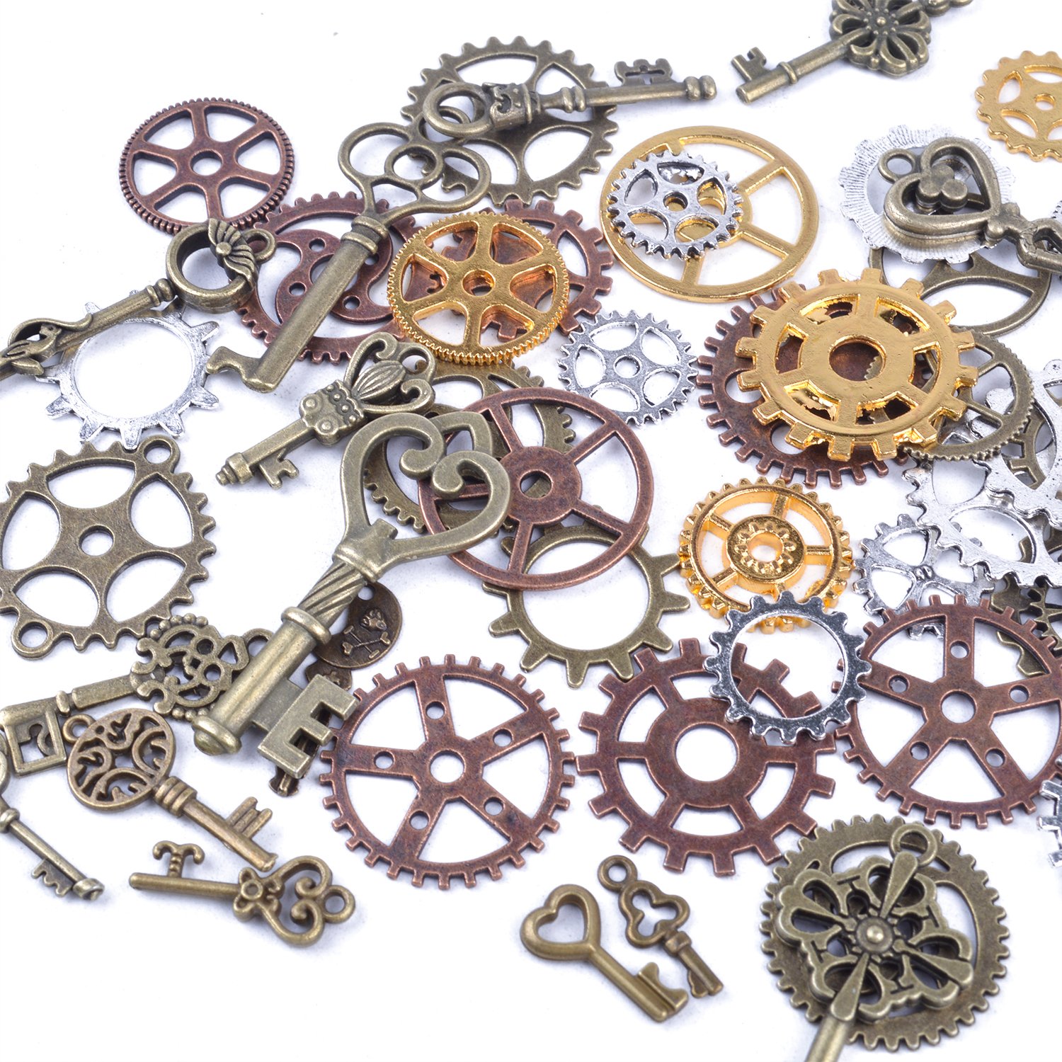 BronaGrand 125 Gram Antique Bronze Vintage Skeleton Keys Steampunk Gears Cogs Charms Pendant Clock Watch Wheel for Crafting, DIY Jewelry