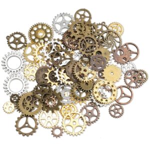 Hicarer 300 Gram Antique Steampunk Gear, DIY Assorted Mix Steampunk Wheel Alloy Cog Gear Pendants Charms Metal Watches Clocks Skull Charms for Crafting Jewelry Making Decor (Simple Style)