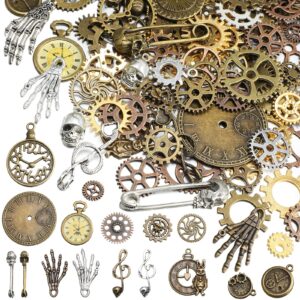 hicarer 300 gram antique steampunk gear, diy assorted mix steampunk wheel alloy cog gear pendants charms metal watches clocks skull charms for crafting jewelry making decor (simple style)