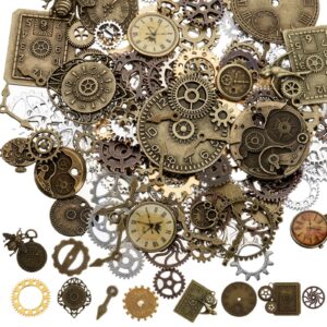 zoofox 300 gram gears charms, mixed vintage bronze watch cog wheel set, diy metal steampunk pendant for crafting, jewelry making accessory