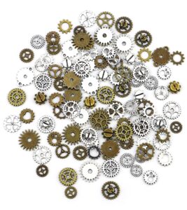 jialeey 130pcs steampunk gears charms bronze & silver assorted antique steampunk gears charms pendant clock watch wheel gear diy for jewelry making crafting