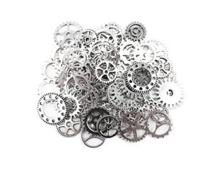 yueton 100 gram (approx 70pcs) antique steampunk gears charms clock watch wheel gear for crafting (silver)