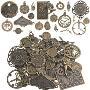 clock face charm pendant, 100 gram multi-style antiqued bronze clocks and watches dial face movement charms gears steampunk pendant craft supplies for diy jewelry making