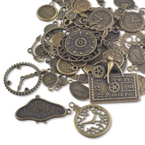 Clock Face Charm Pendant, 100 Gram Multi-style Antiqued Bronze Clocks and Watches Dial Face Movement Charms Gears Steampunk Pendant Craft Supplies for DIY Jewelry Making