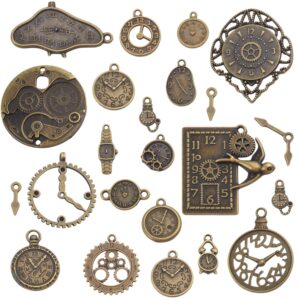 Clock Face Charm Pendant, 100 Gram Multi-style Antiqued Bronze Clocks and Watches Dial Face Movement Charms Gears Steampunk Pendant Craft Supplies for DIY Jewelry Making