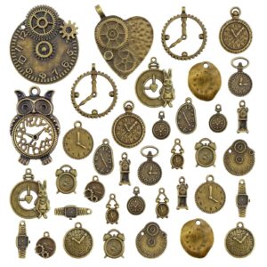 jialeey antiqued bronze clock face charm pendant, wholesale bulk lots mixed gears steampunk charms pendants diy for necklace bracelet jewelry making and crafting, 100g(38pcs)