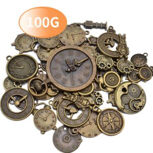 100g(about 40pcs) Alloy Clock Face Charm Pendant Steam Punk Gears Wheel Pendants Beads Craft Supplies for Jewelry Making, Antique Bronze