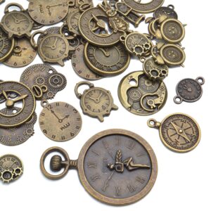 100g(about 40pcs) Alloy Clock Face Charm Pendant Steam Punk Gears Wheel Pendants Beads Craft Supplies for Jewelry Making, Antique Bronze