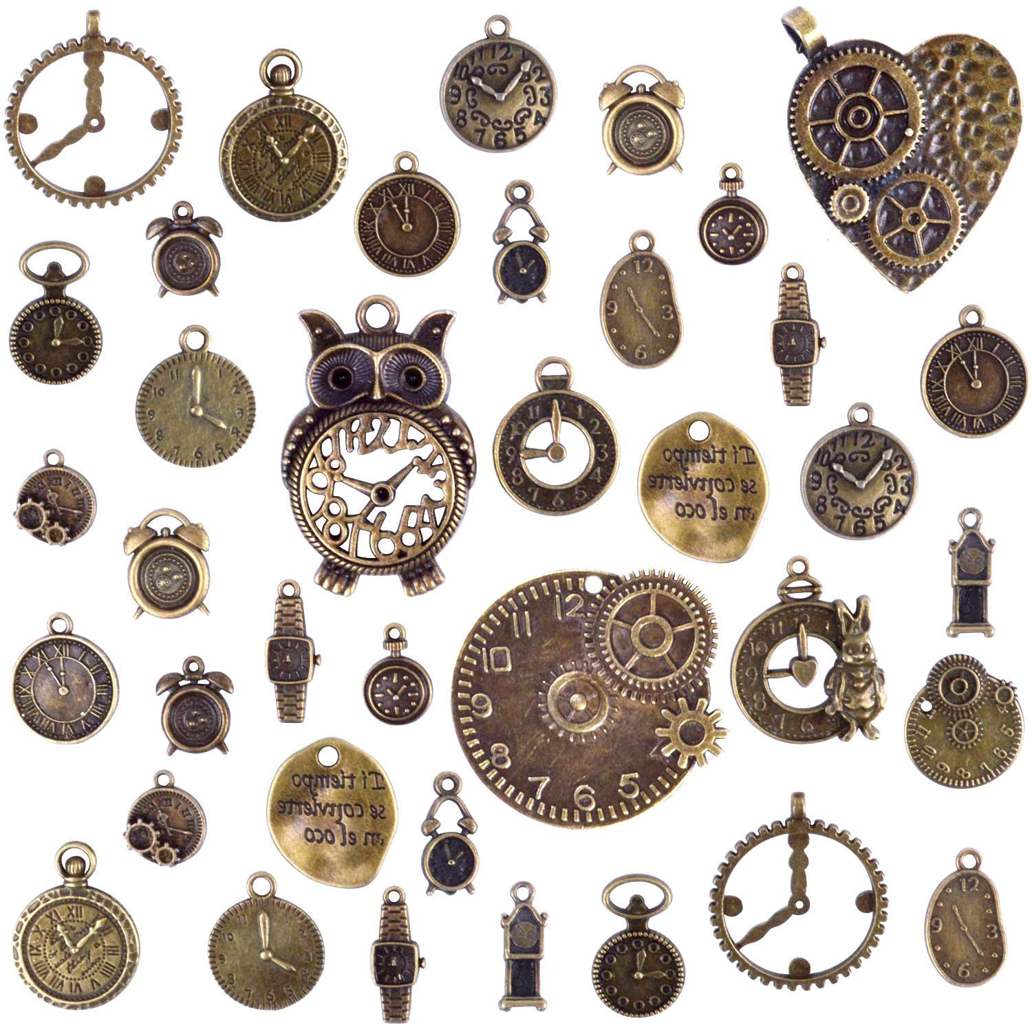 BronaGrand 100 Grams(Approx 38 Pieces) Mixed Clock Face Charms Steampunk Pendants Watch Charms for Bracelets, Necklaces, Jewelry and Crafts Making, Antique Bronze