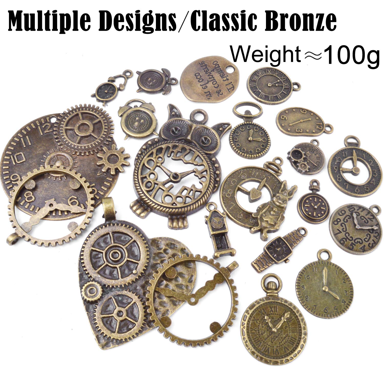 BronaGrand 100 Grams(Approx 38 Pieces) Mixed Clock Face Charms Steampunk Pendants Watch Charms for Bracelets, Necklaces, Jewelry and Crafts Making, Antique Bronze